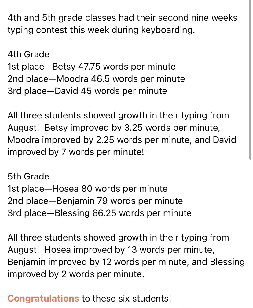 Typing Contest Winners - Southport Elementary