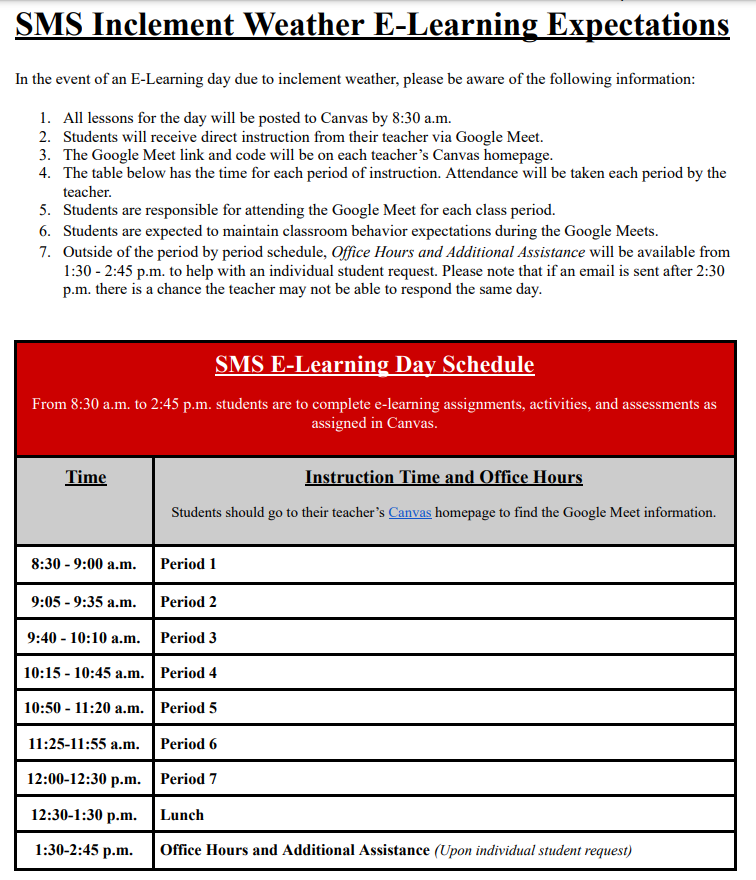 SMS Inclement Weather Schedule - Southport Middle School